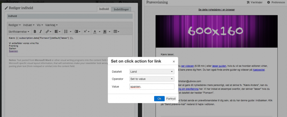 Onclick-actions på links – Ubivox Danmark Support